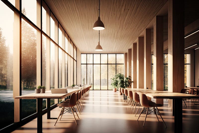 Modern Office Interior Space with Desk, Row of Computers, Documents ...