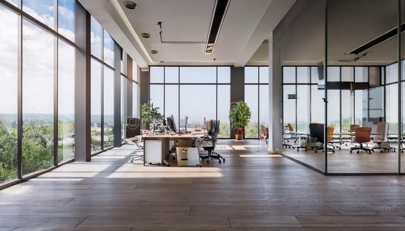 Modern Office Interior with Spacious Design and Large Windows. 3D ...