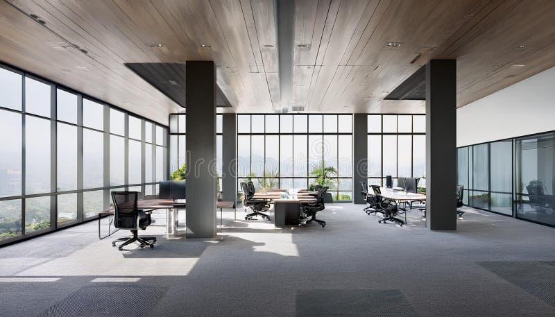 Modern Office Interior with Spacious Design and Large Windows. 3D ...