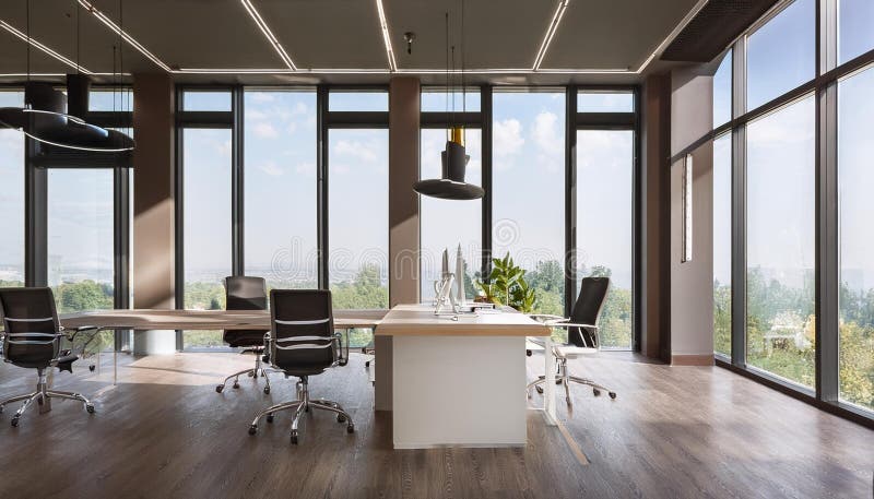 Modern Office Interior with Spacious Design and Large Windows. 3D ...