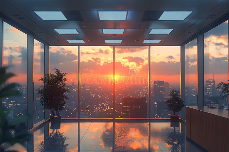 Modern Office Interior with Stunning Sunset View through Large Windows ...