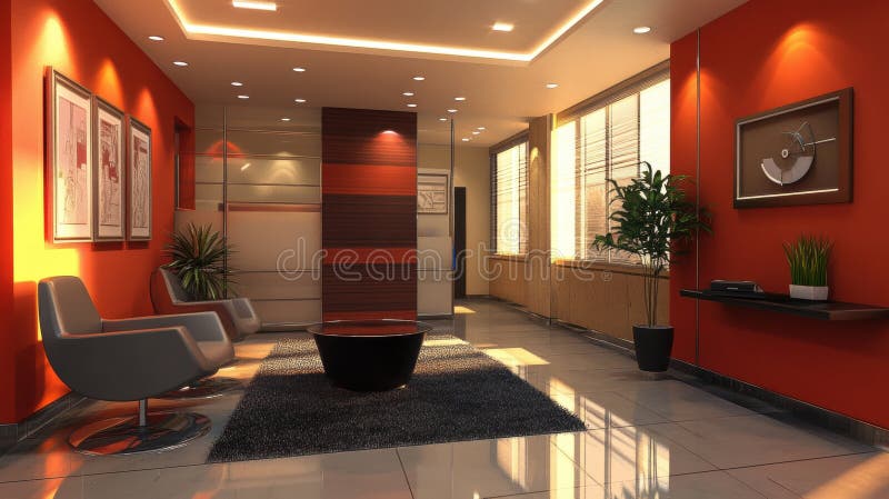 Modern Office Interior with Stylish Decor and Vibrant Red Walls Stock ...