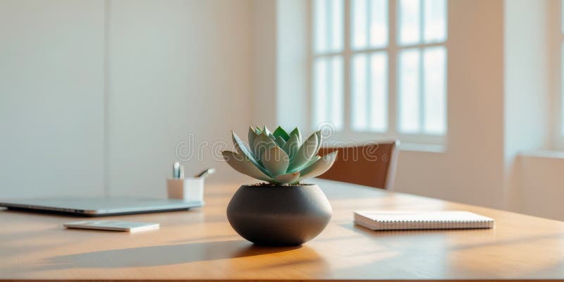 Modern Office Interior with Succulent Plant on Wooden Desk Surface ...