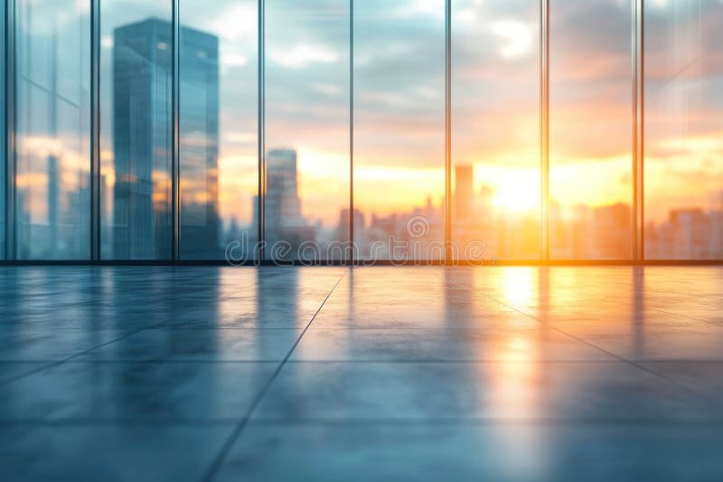 Modern Office Interior with Sunset View through Glass Windows, Creating ...