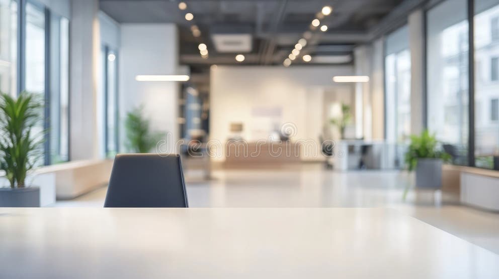 Modern Office Interior with Table and Plants in Focus Stock ...