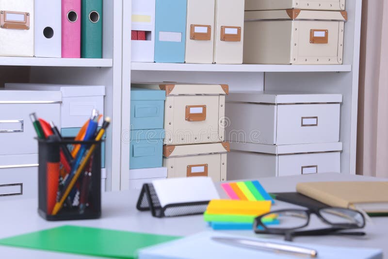 Modern Office Interior with Tables, Chairs and Bookcases Stock Image ...