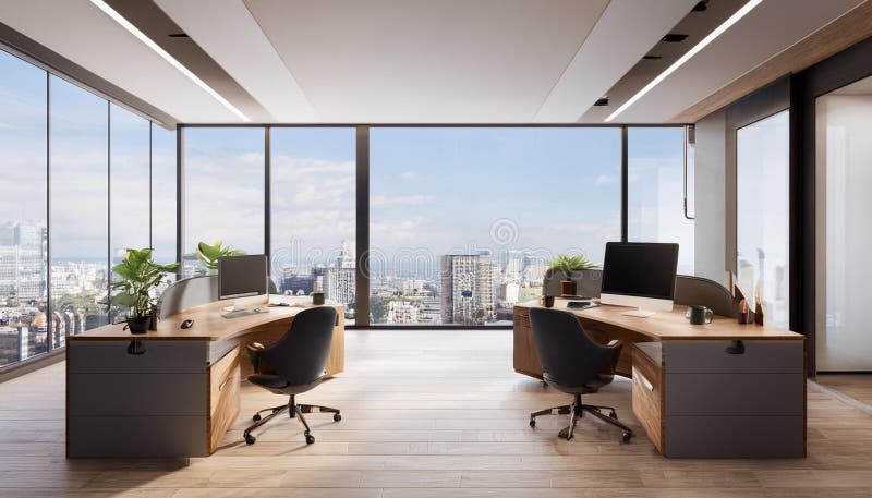 Modern Office Interior with Two Desks and Computers. 3D Rendering Stock ...