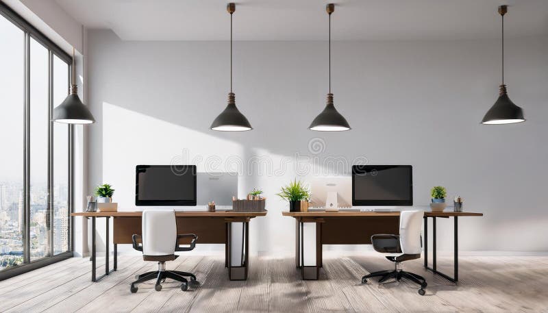 Modern Office Interior with Two Desks and Computers. 3D Rendering Stock ...