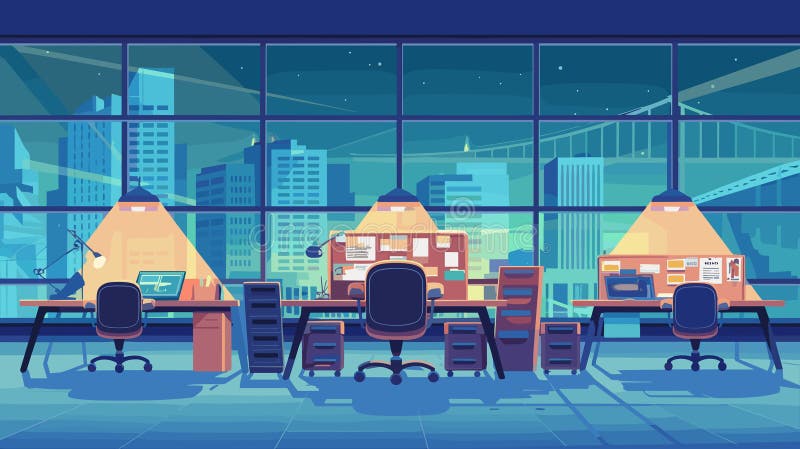 Modern Office Interior with Urban Night View Stock Illustration ...