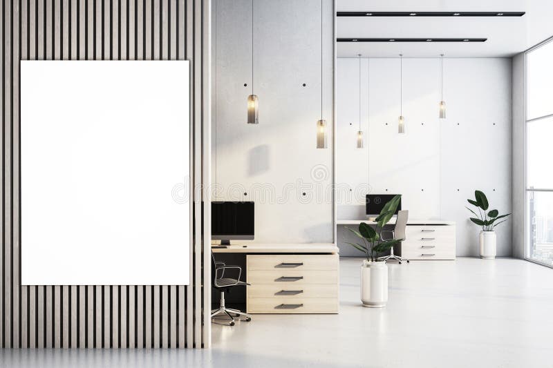 Modern Office Interior with Vertical Wooden Partition and Blank White ...