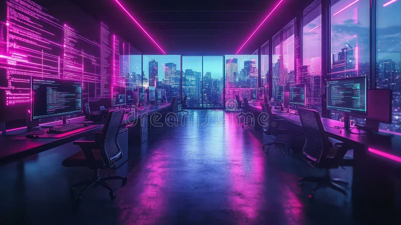 Modern Office Interior with Vibrant Neon Lights and City Skyline View ...