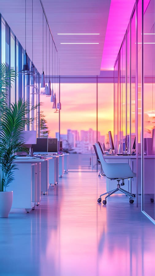 Modern Office Interior with Vibrant Sunset and Sleek Design Elements ...