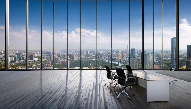 Modern Office Interior with a View of the City Skyline. 3D Rendering ...