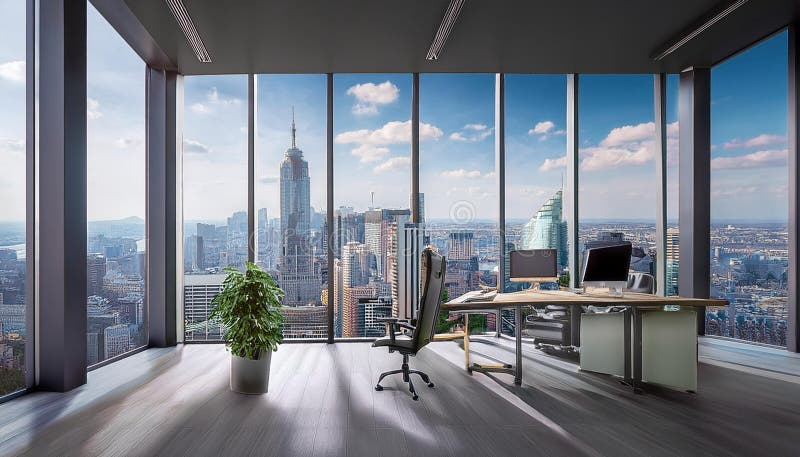 Modern Office Interior with a View of the City Skyline. 3D Rendering ...