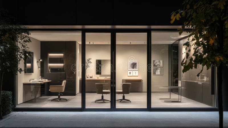 Modern Office Interior Visible through Large Glass Doors at Night Stock ...