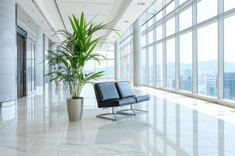 Modern Office Interior with Waiting Area and Panoramic City Views ...