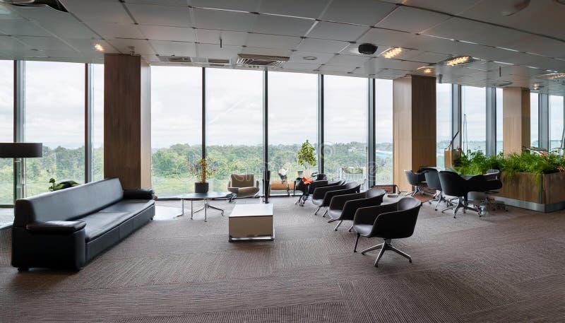 Modern Office Interior with Waiting and Meeting Zone, Panoramic Window ...