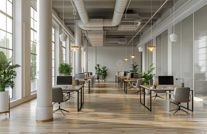 Modern Office Interior with White Columns and Natural Light Stock Image ...