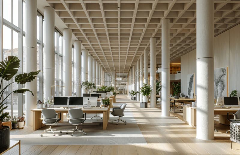 Modern Office Interior with White Columns and Natural Light Stock Photo ...