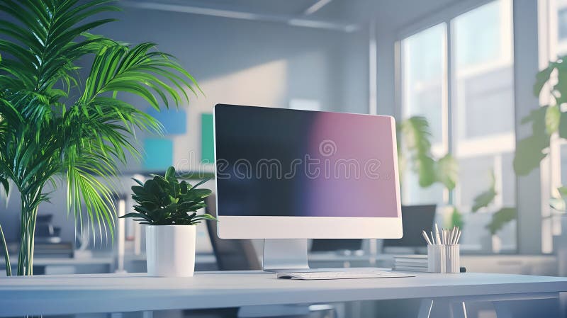 Modern Office Interior with White Desk Computer and Green Plants in ...