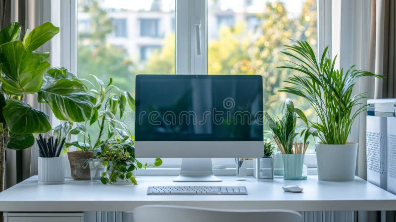 Modern Office Interior with White Desk, Computer Setup, Potted Plants ...