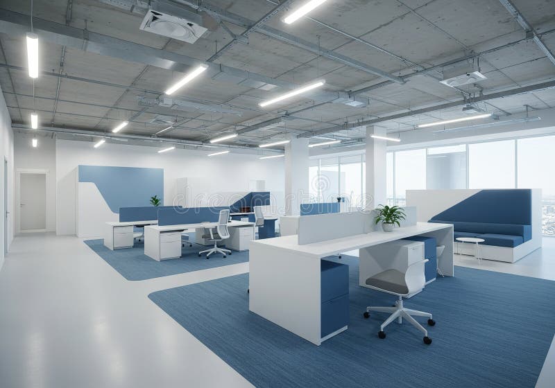 Modern Office Interior with White Desks Blue Accents and Bright ...