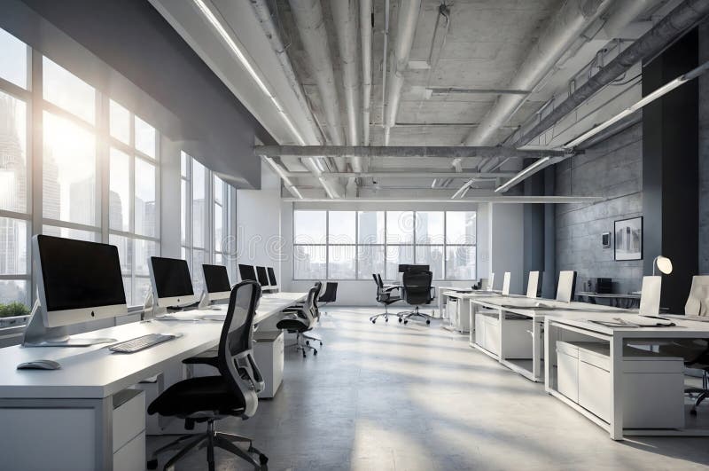 Modern Office Interior with White Desks and Computers in Bright Workspace Stock Illustration ...
