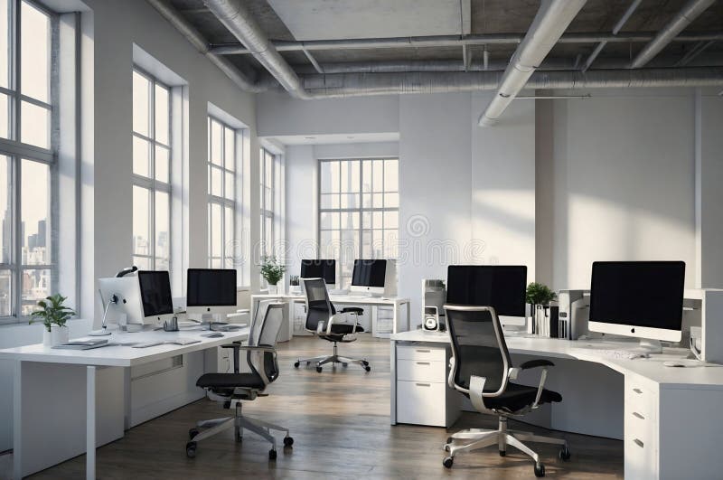 Modern Office Interior with White Desks and Computers in Bright ...