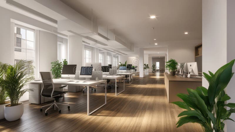 Modern Office Interior with White Desks, Computers, and Greenery Stock Illustration ...