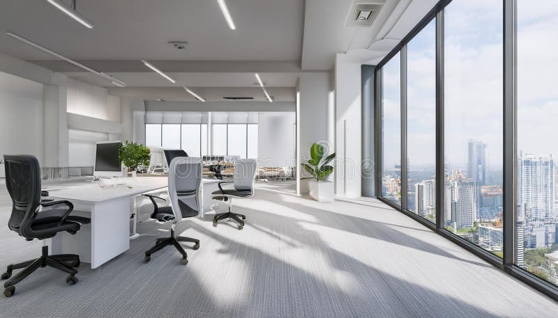 Modern Office Interior with White Seating Area and Large Windows. 3D ...