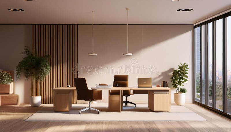 Modern Office Interior with Wooden and Beige Elements. 3D Rendering ...