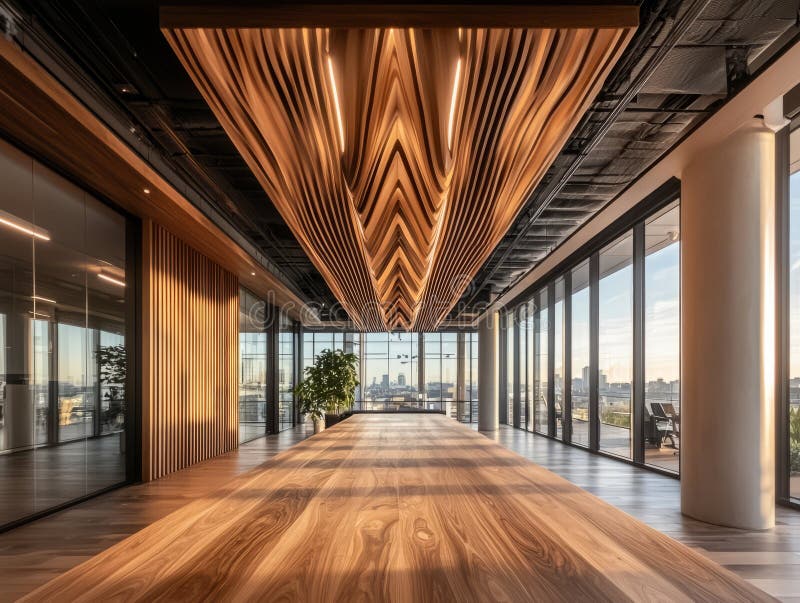 Modern Office Interior with a Wooden Ceiling Stock Image - Image of ...