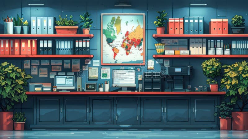 A Modern Office Interior with a Wooden Counter, a World Map on the Wall ...
