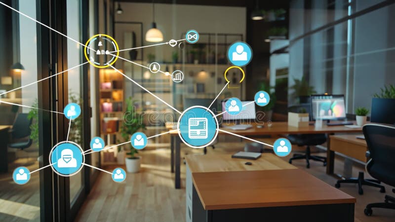 Modern Office Interior with Wooden Desks and Digital Icon Virtual ...