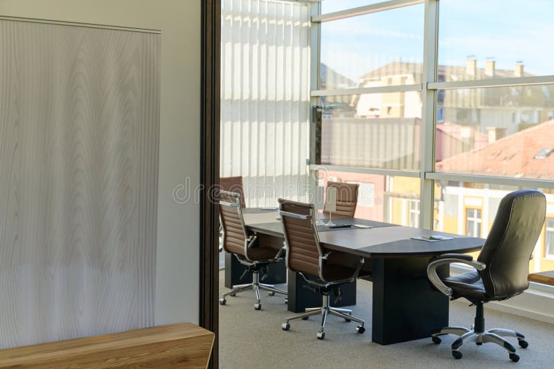 Modern Office Interior with Wooden Furniture, Conference Table, and ...