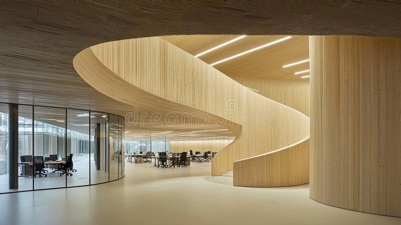 Modern Office Interior with Wooden Spiral Staircase Stock Photo - Image ...