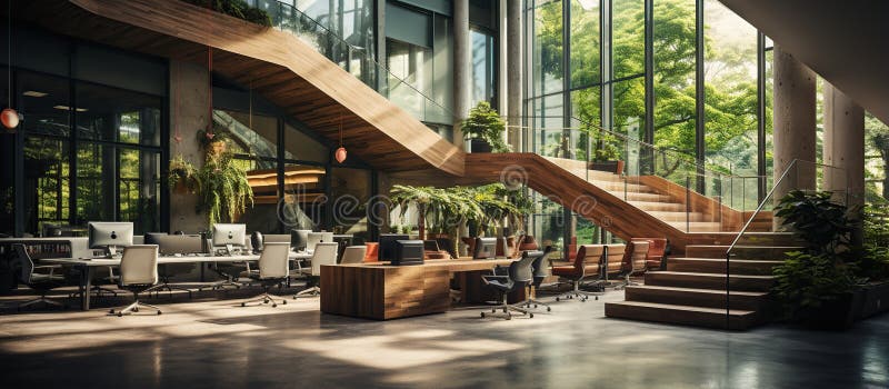 Modern Office Interior with Wooden Stairs and Plants Stock Illustration ...