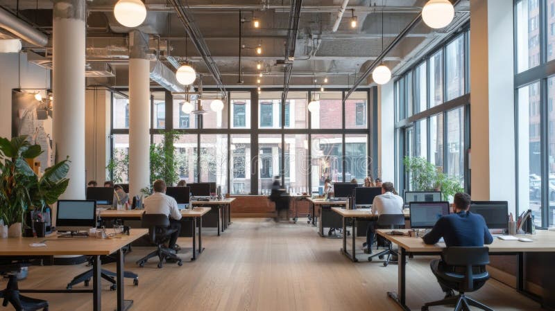 Modern Office Interior with Workers at Desks Stock Illustration ...