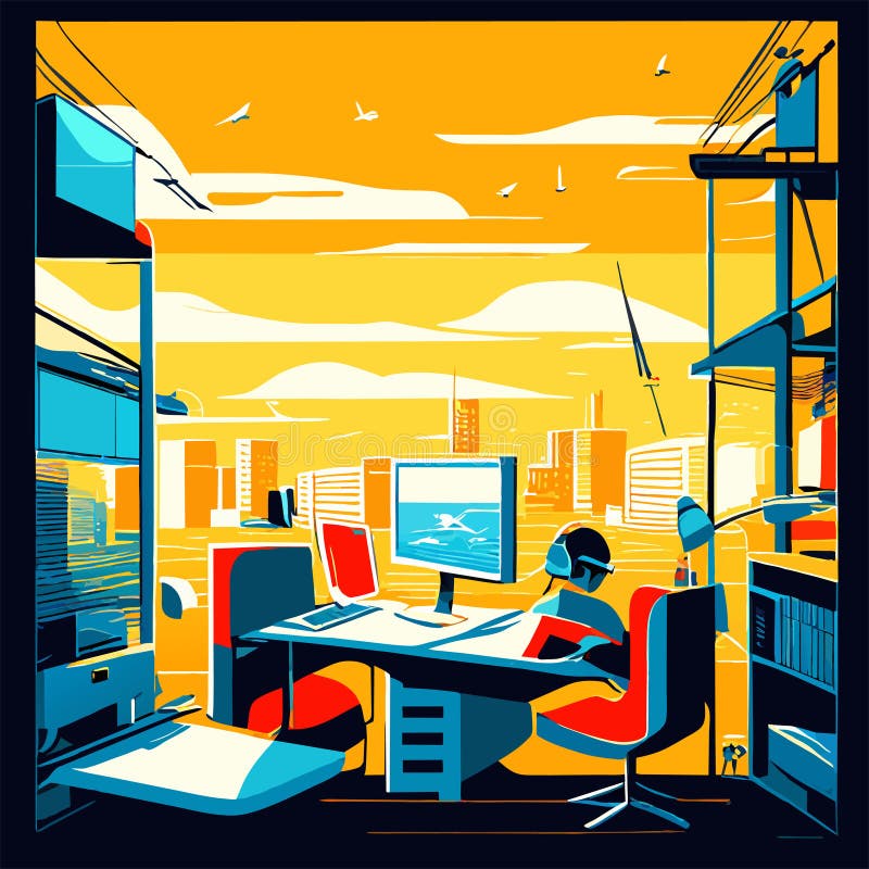 Modern Office Interior. Workplace with Computer, Chair, Desk and City ...