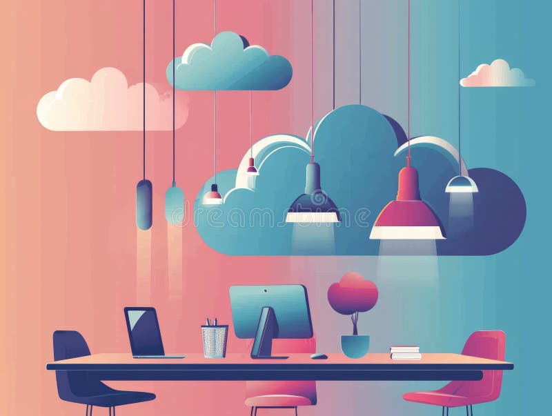 Modern Office Interior. Workplace with Computer, Lamp, Coffee Table and ...