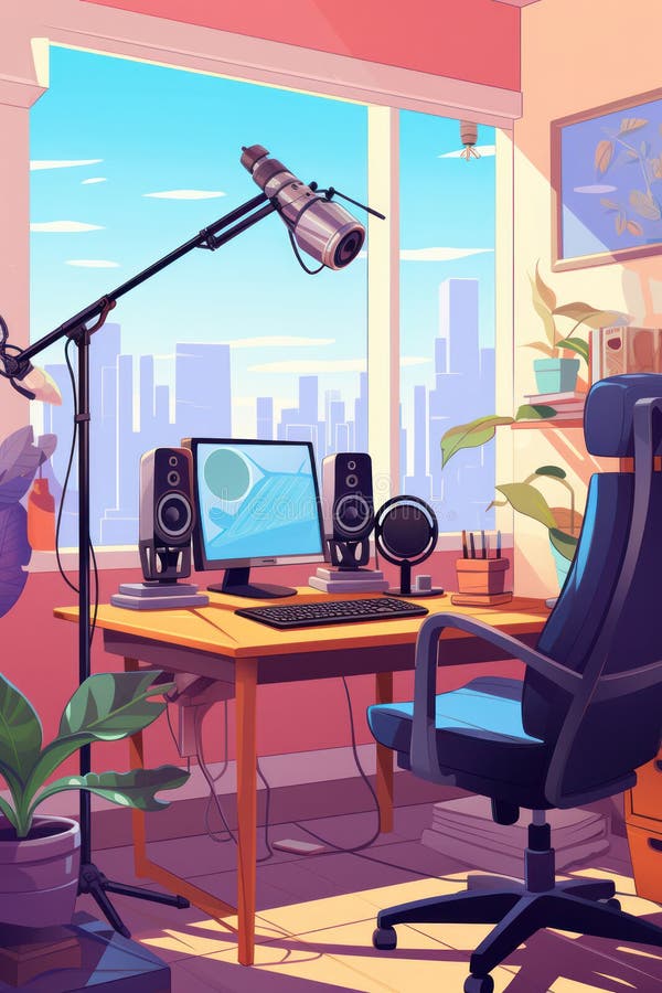 Modern Office Interior with Workspace Desk and Computer, Cartoon Flat ...