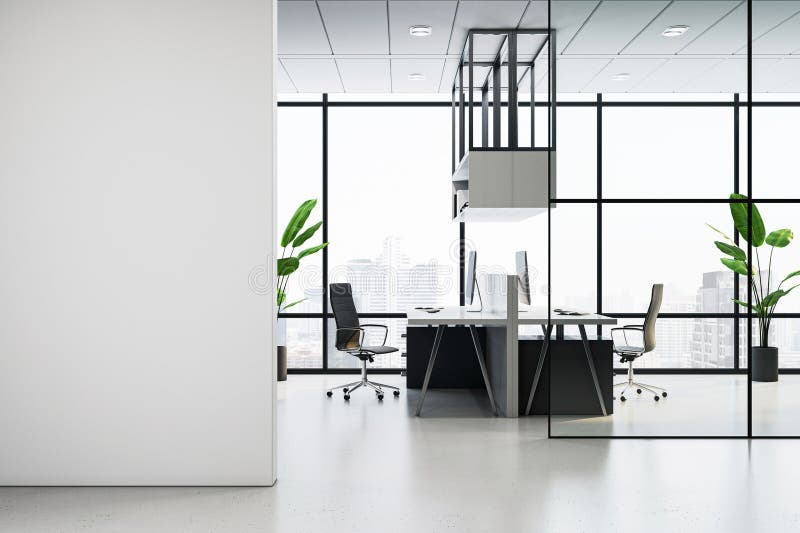 Modern Office Interior with Workspace, Large Windows, City View, Plants ...