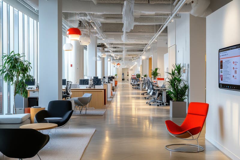 Modern Office Interior with Workspaces, Seating Areas, and Greenery ...