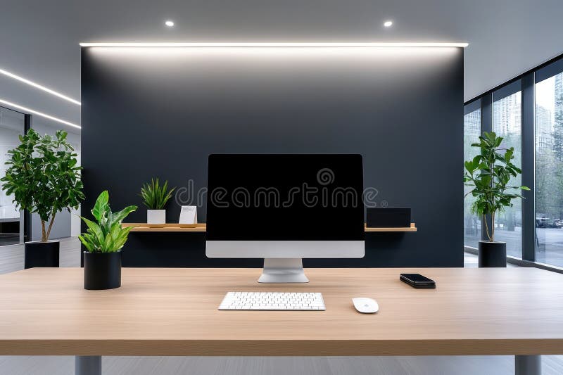 Modern Office Interior with Workstation, Computer, and Shelves Mockup ...