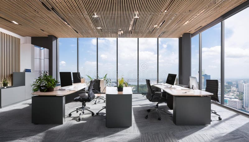 Modern Office Interior with Workstation and Large Windows. 3D Rendering ...