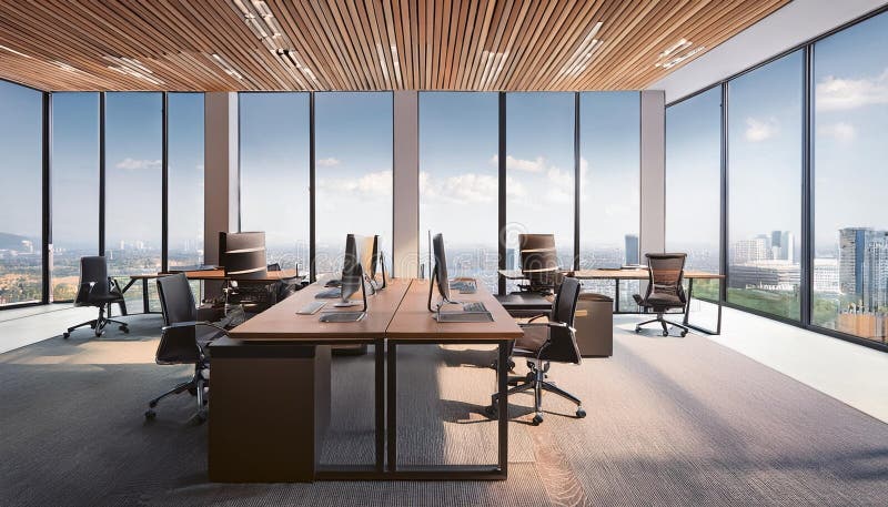 Modern Office Interior with Workstation and Large Windows. 3D Rendering ...
