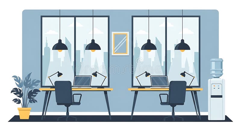 Modern Office Interior with Workstations and City View Stock ...