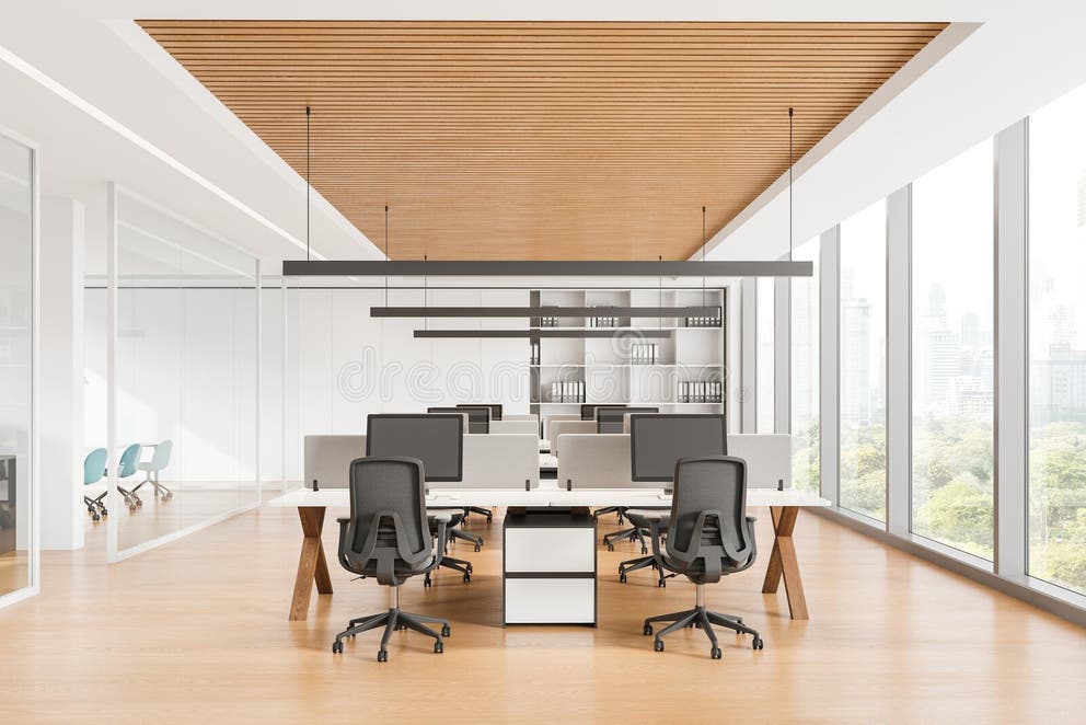 Modern Office Interior with Workstations and Computers, Bright Lighting ...