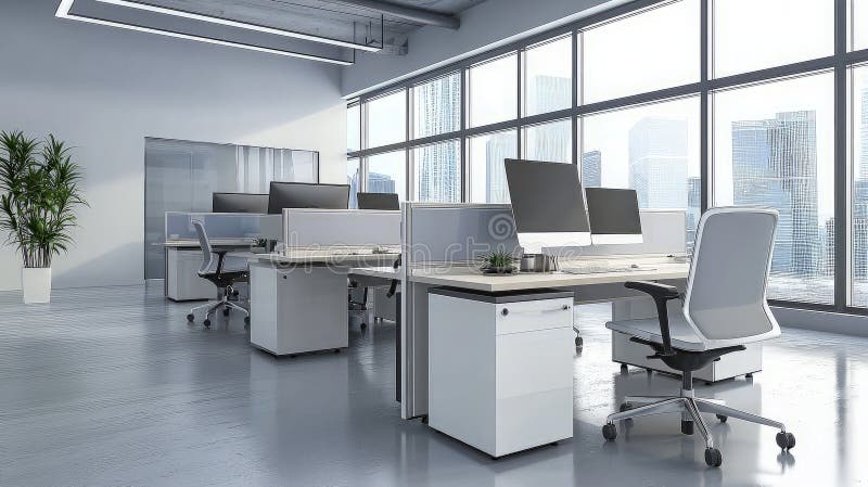 Modern Office Interior with Workstations, Computers, and City View ...