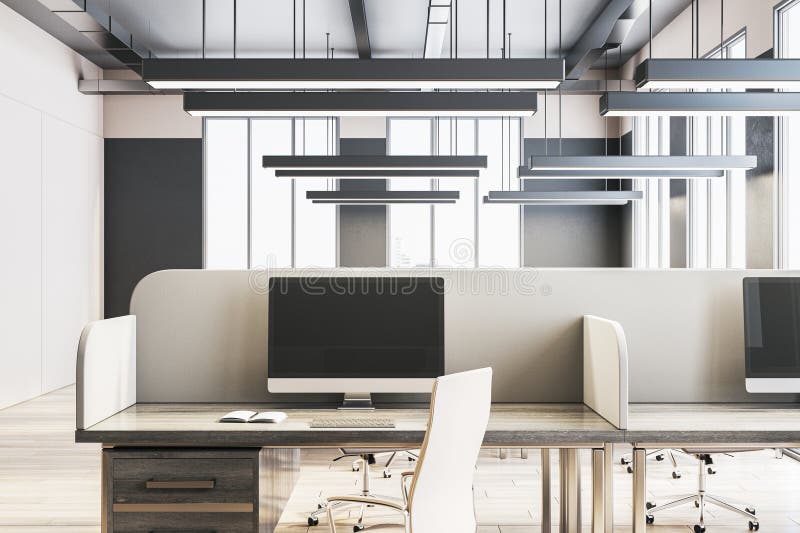 Modern Office Interior with Workstations, Computers, and White Chairs ...